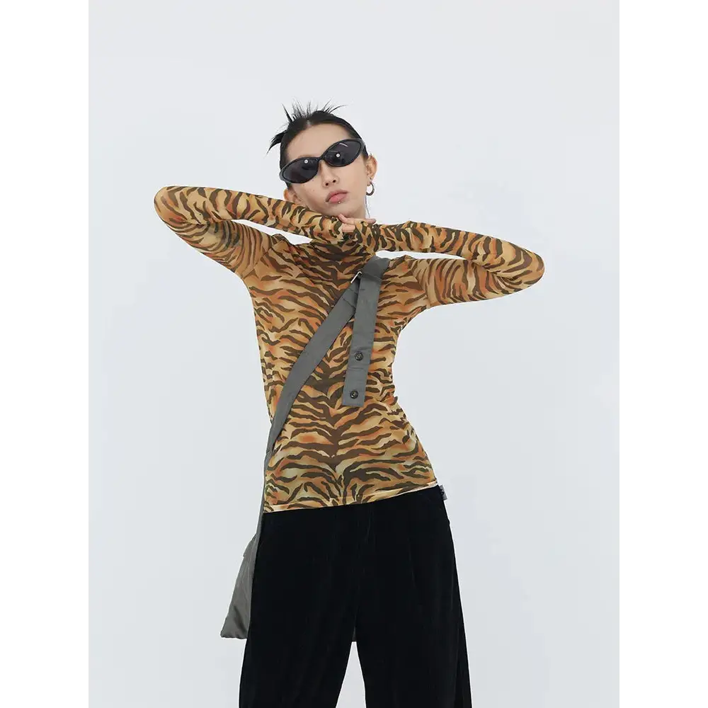Y2K Tiger Mesh Top in Bold Tiger Print Apparel